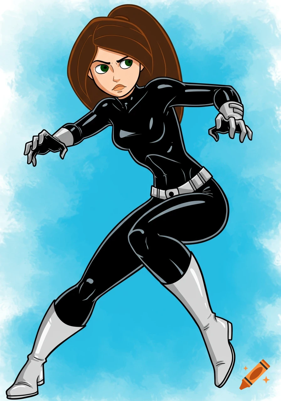Cartoon character Kim Possible in black suit, white boots and gloves ...