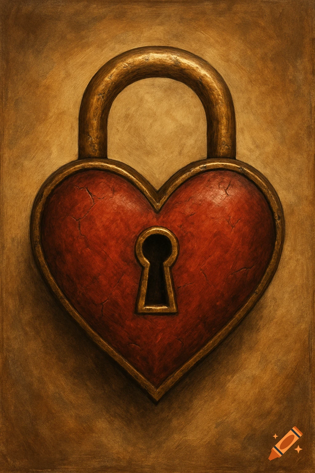Stylized painting of a red heart-shaped lock with a keyhole. on Craiyon