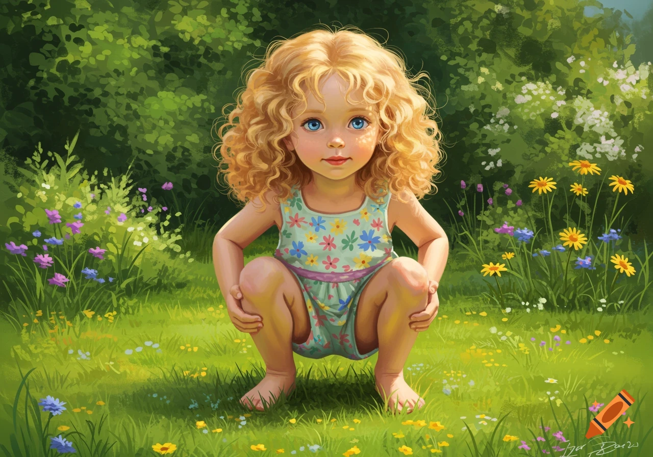 Illustration of a young girl squatting in a grassy field among colorful ...