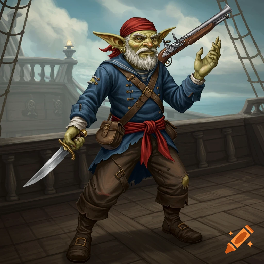 An old green goblin pirate holding a dagger and pistol on a ship deck ...