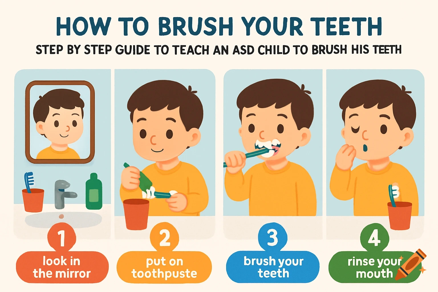 Step-by-step illustration of a child brushing teeth. on Craiyon