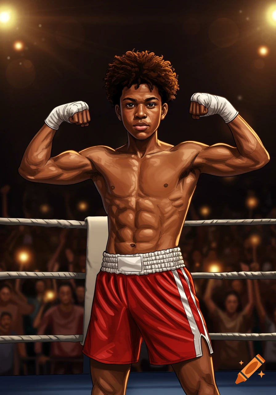 Digital illustration of a young Black boxer flexing biceps in a ring ...
