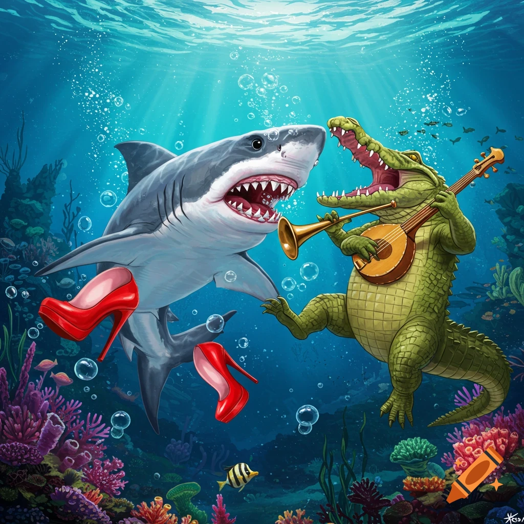 Cartoon underwater scene with a shark in red heels and an alligator ...