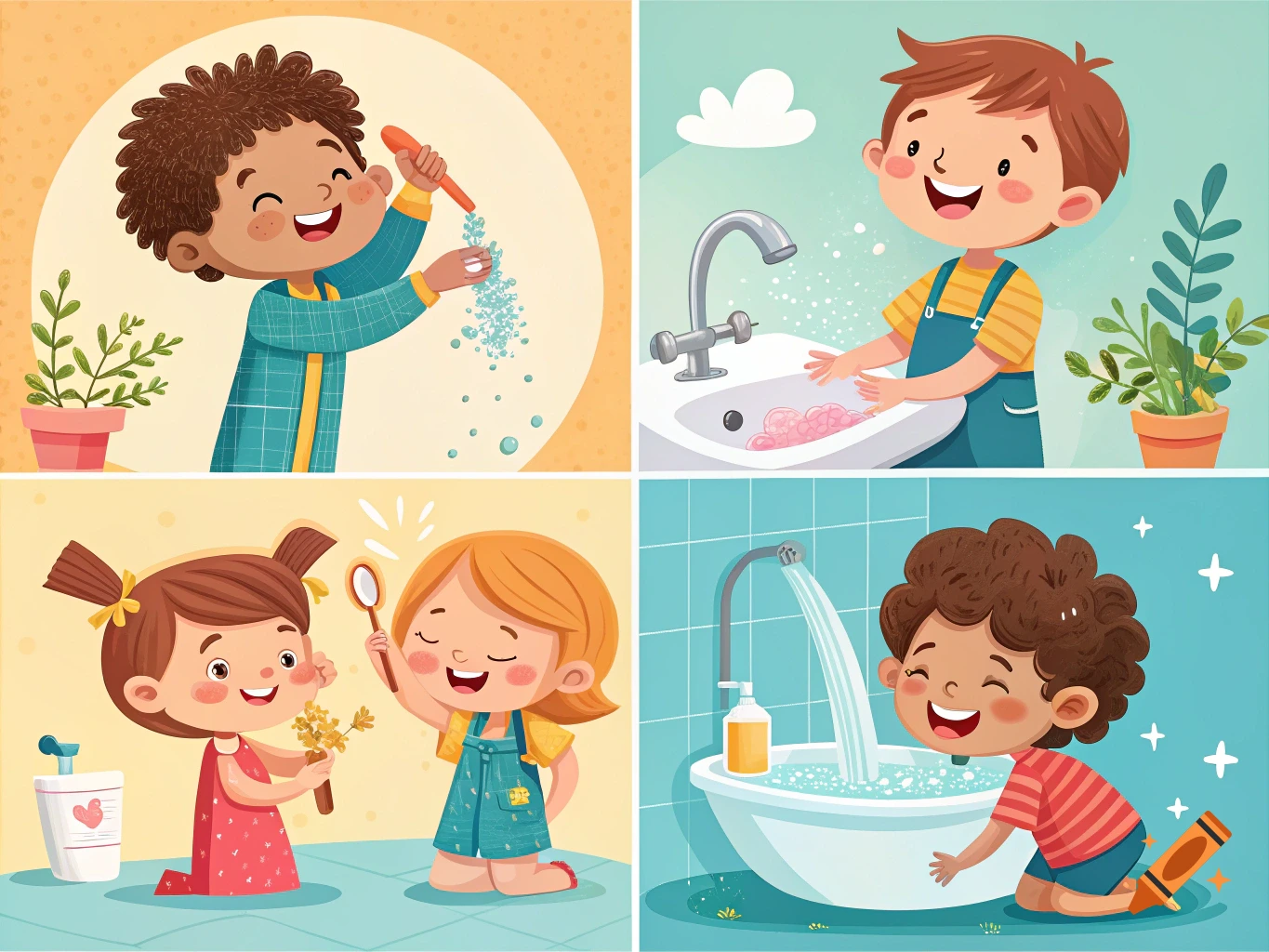 Illustrations of children practicing hygiene: brushing teeth, washing ...