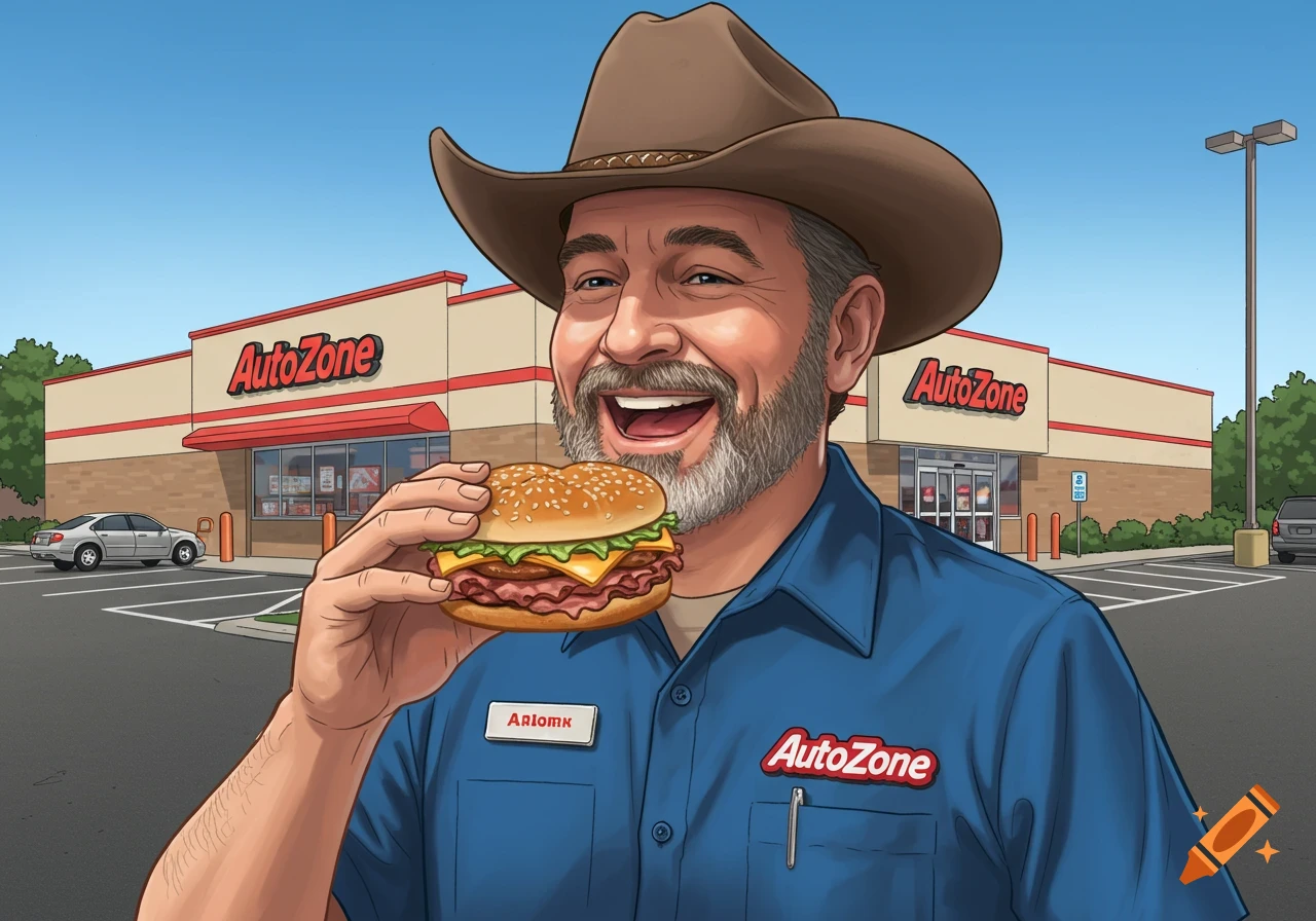 Illustration of a man in a cowboy hat eating a sandwich in front of an ...