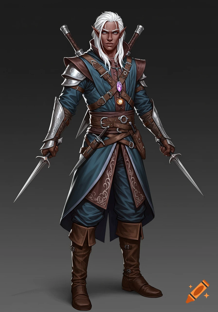 Digital art of a male high elf with dark skin, white hair, holding ...