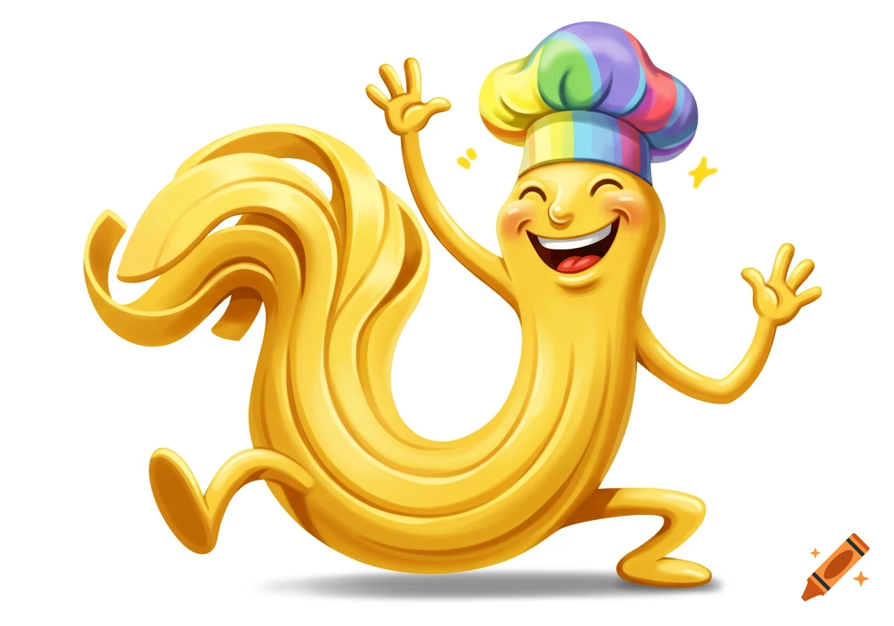 Cartoon pasta character running and smiling in a rainbow chef hat on ...
