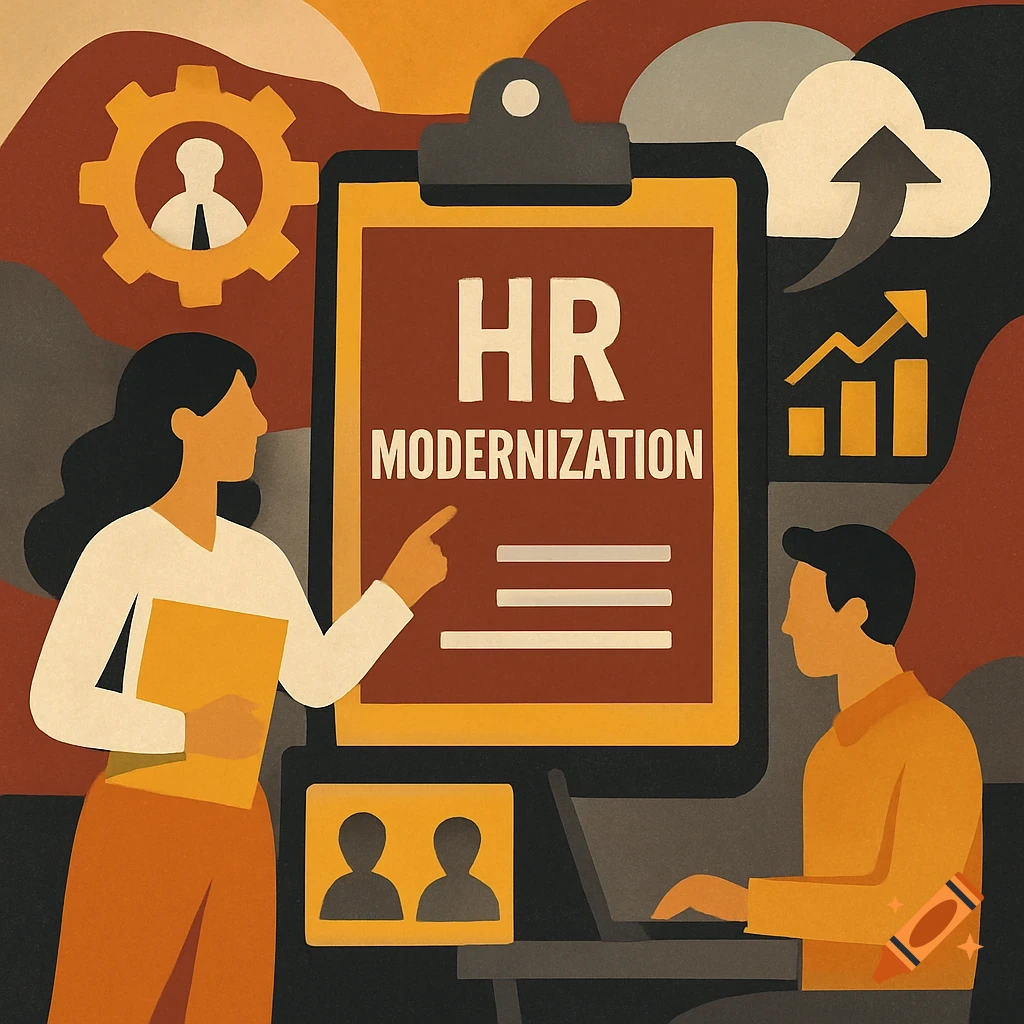 Stylized illustration of two people discussing a clipboard with 'HR ...