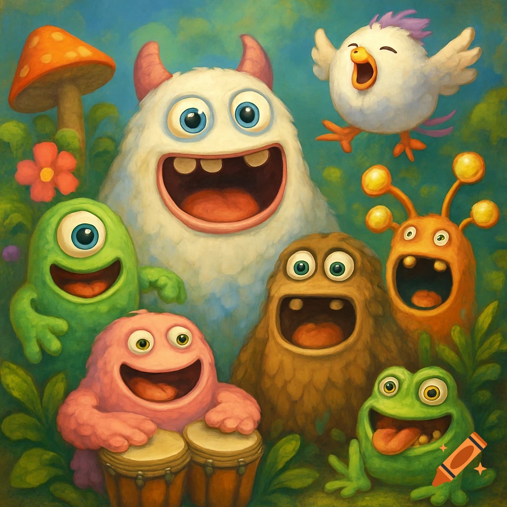 Colorful cartoon monsters with open mouths in a grassy setting, digital painting style. on Craiyon