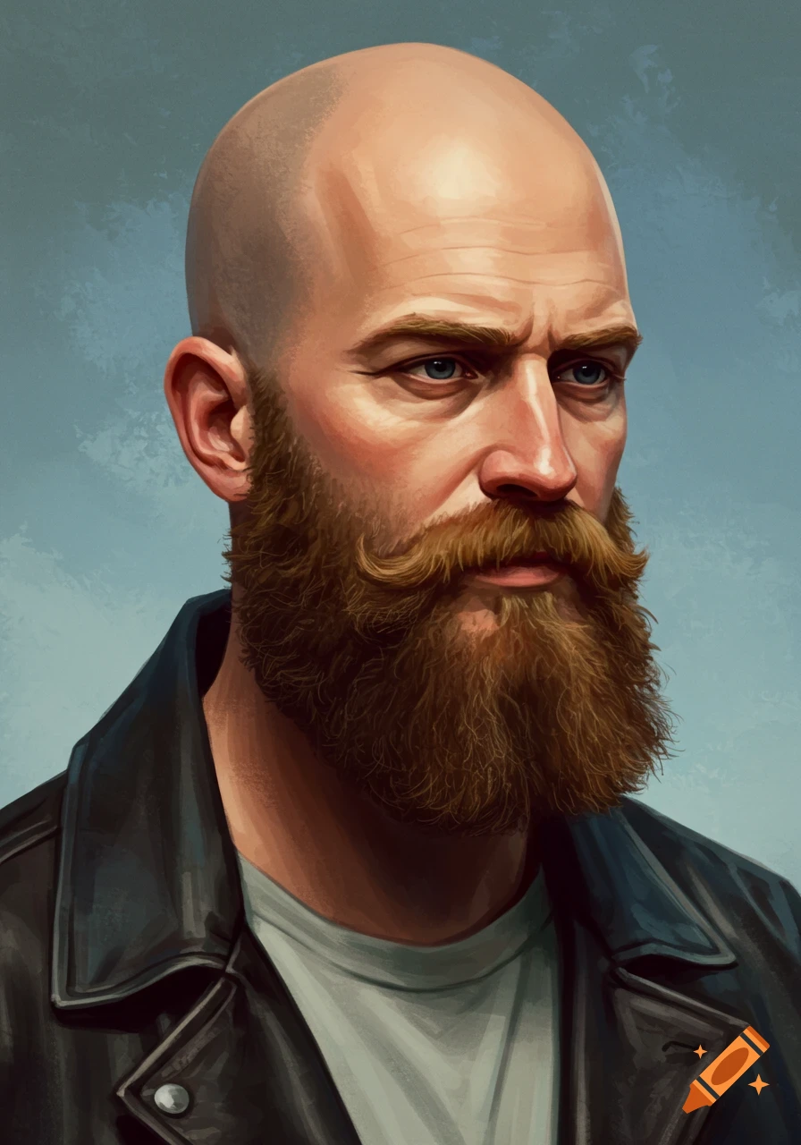 A painted portrait of a bald man with a full beard and mustache ...