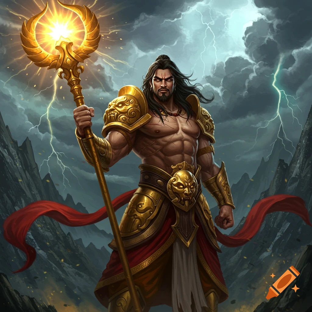 A powerful fantasy character with long dark hair and golden armor holds ...