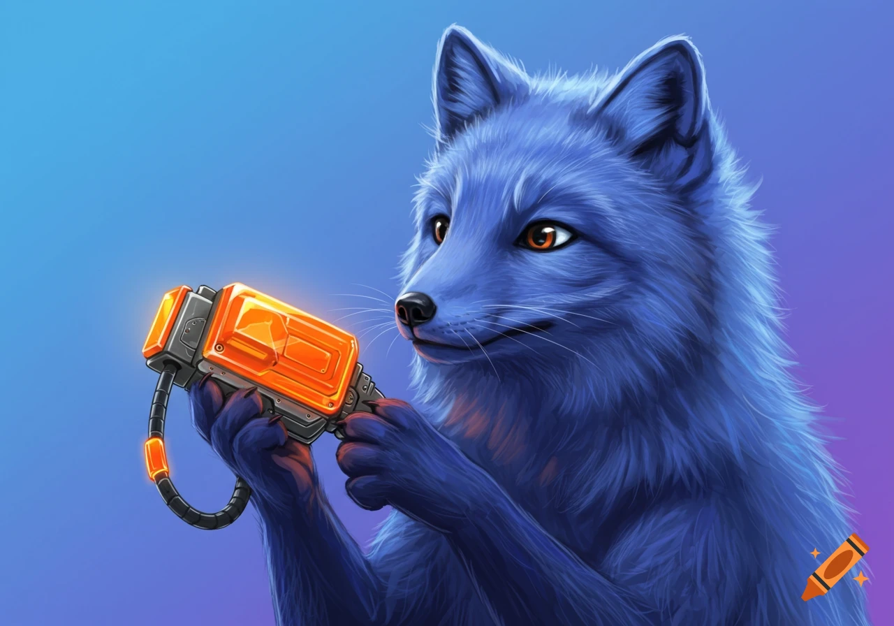 A blue fox holds an orange and grey mechanical sci-fi device. on Craiyon