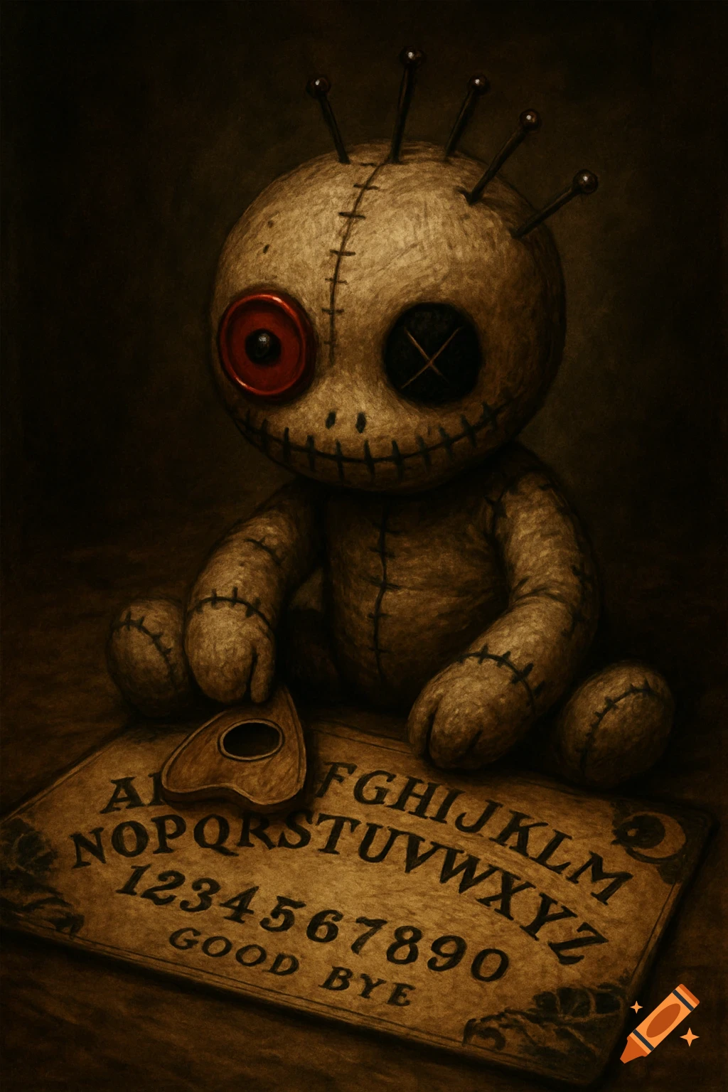 A creepy voodoo doll sits next to a Ouija board in a dark, illustrative ...