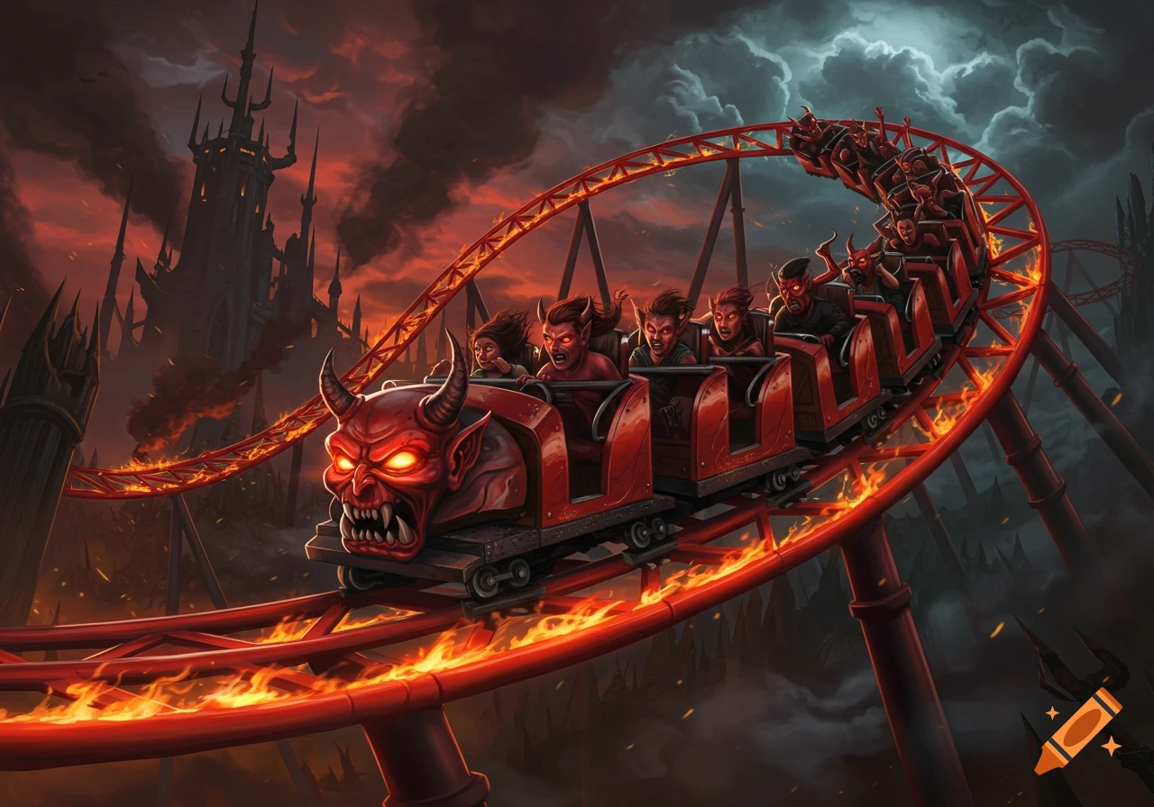 Devil-themed rollercoaster car with devil passengers on fiery tracks ...