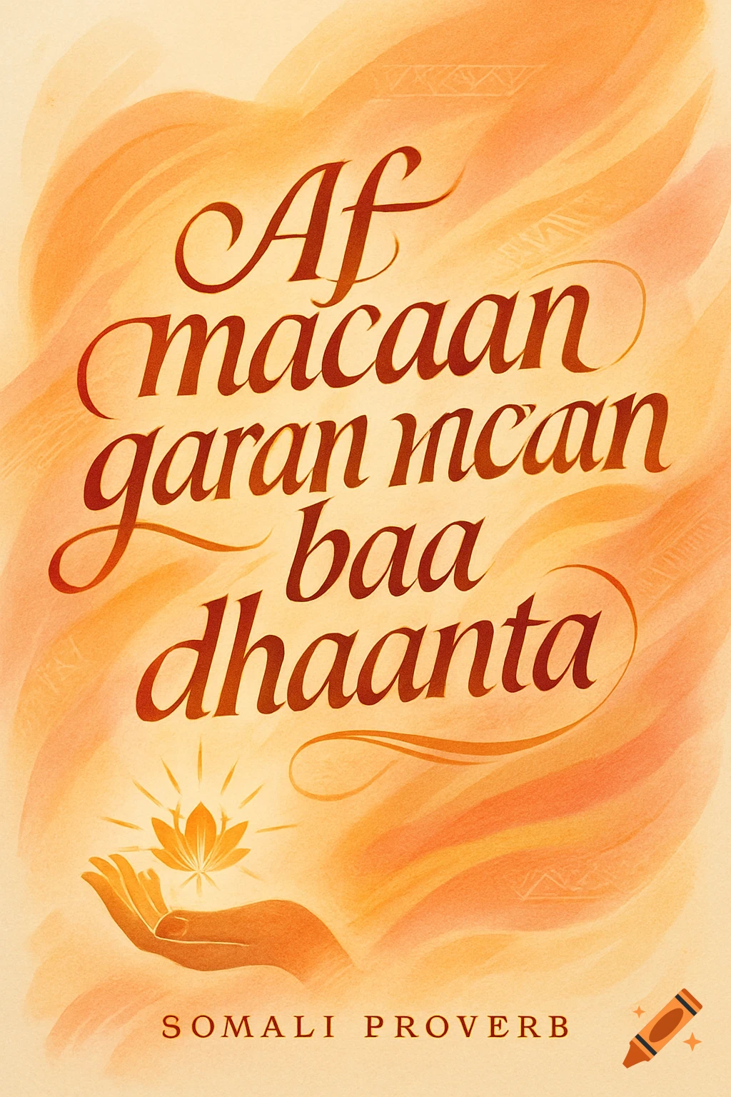 Calligraphic Somali proverb text with a hand holding a glowing flower ...