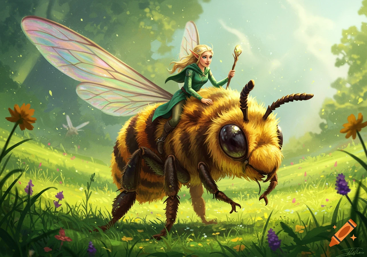 Elf rides a giant bee through a sunny meadow illustration on Craiyon
