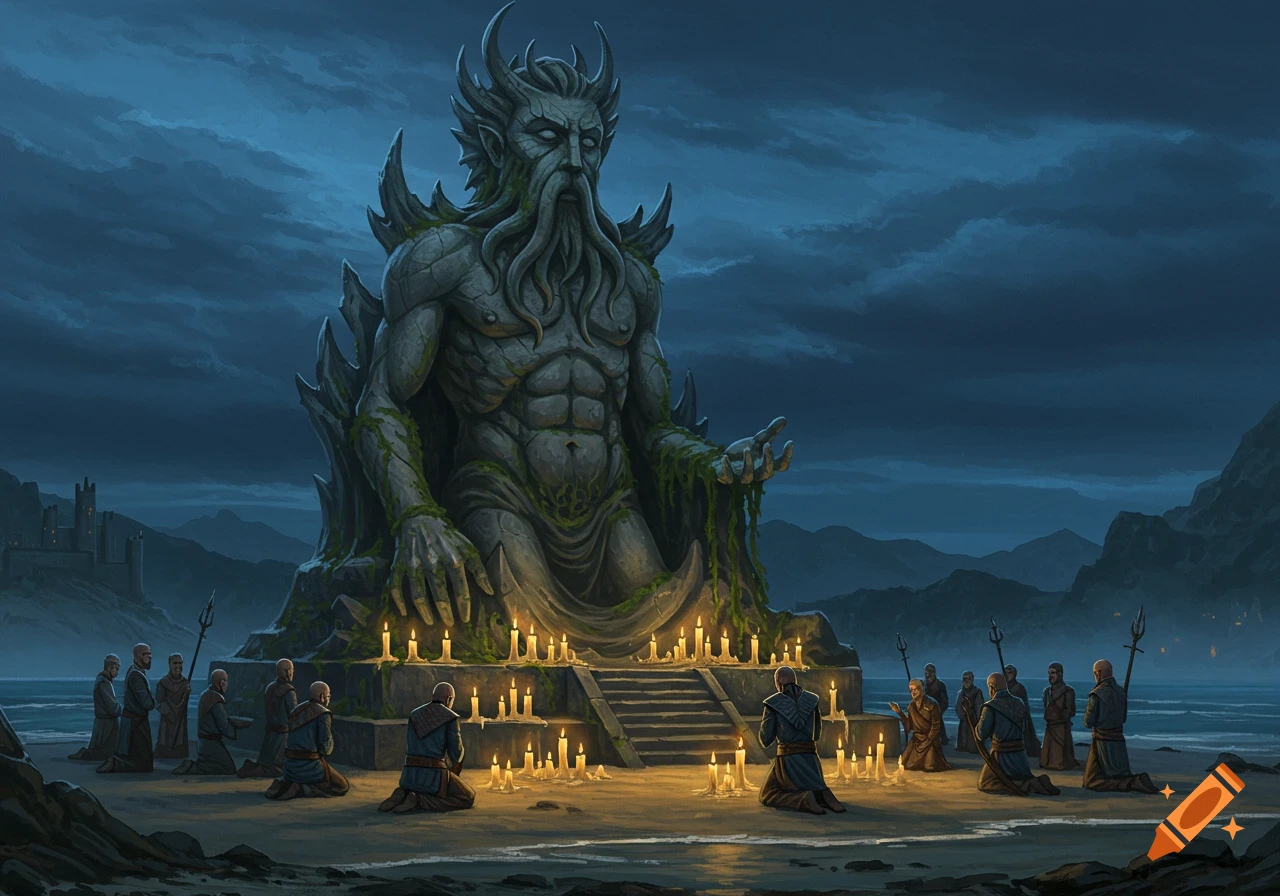 Large stone statue of a kraken-like figure on a beach with kneeling ...