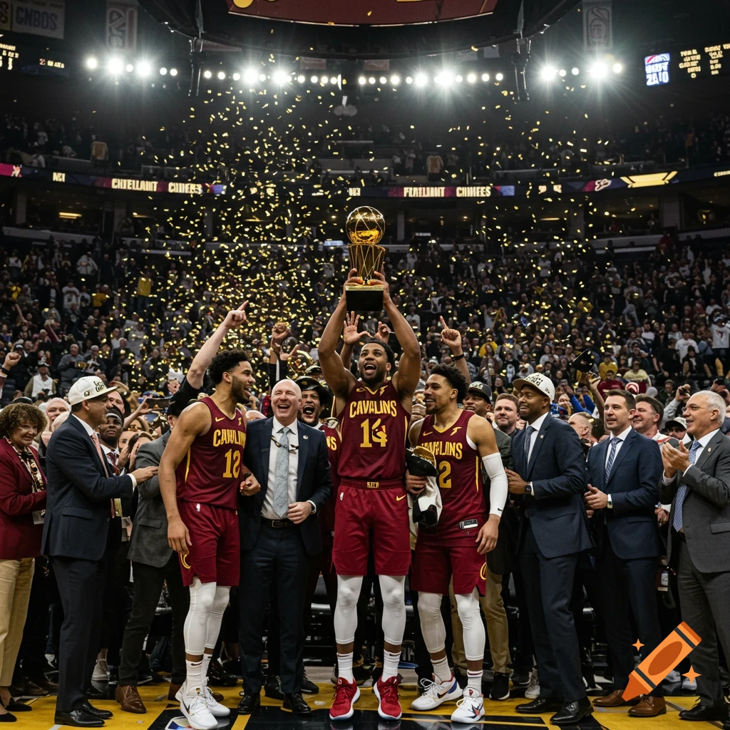 Basketball players celebrate a championship victory with a trophy and ...