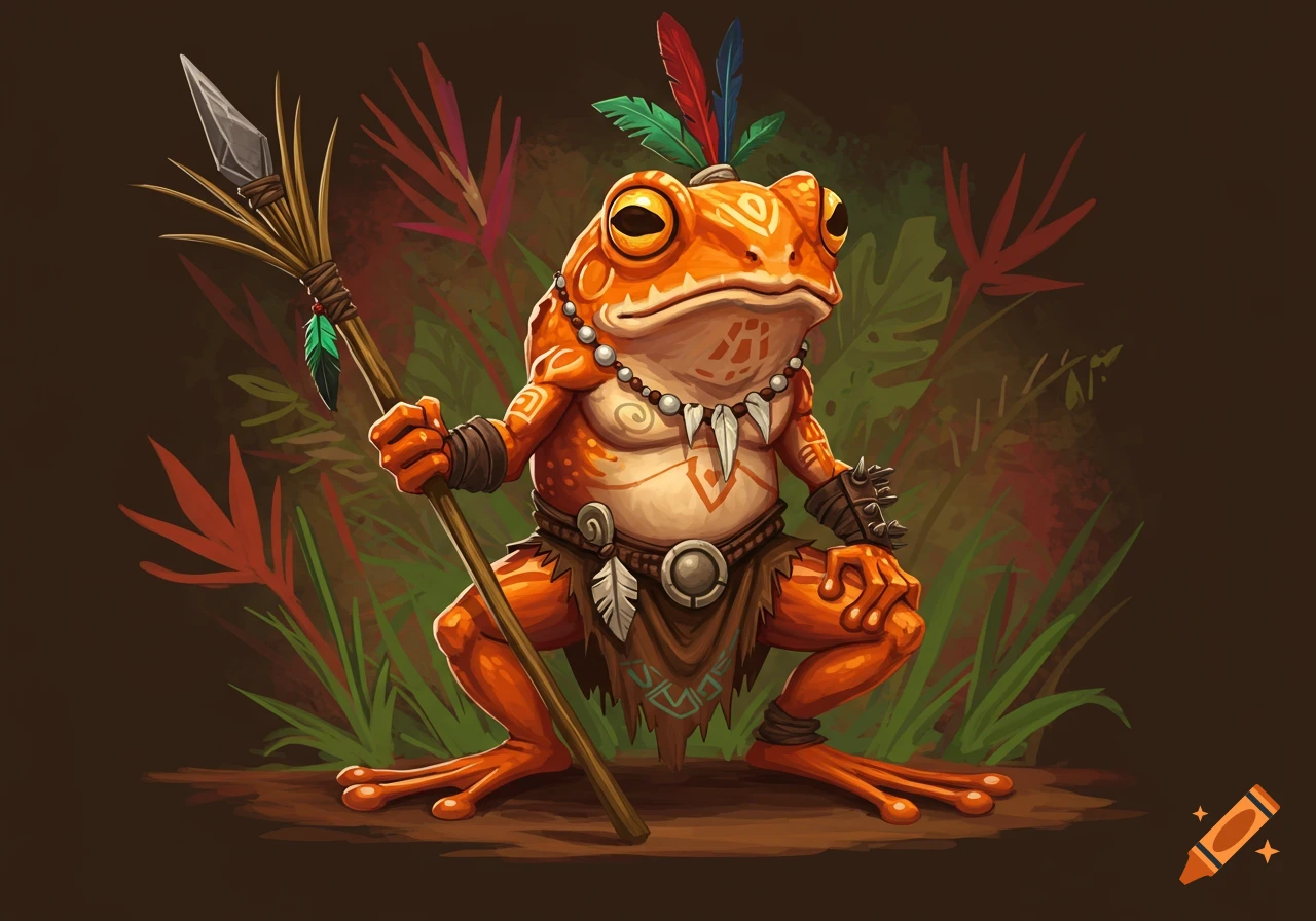 Illustration of an orange frog tribal warrior holding a spear in a ...