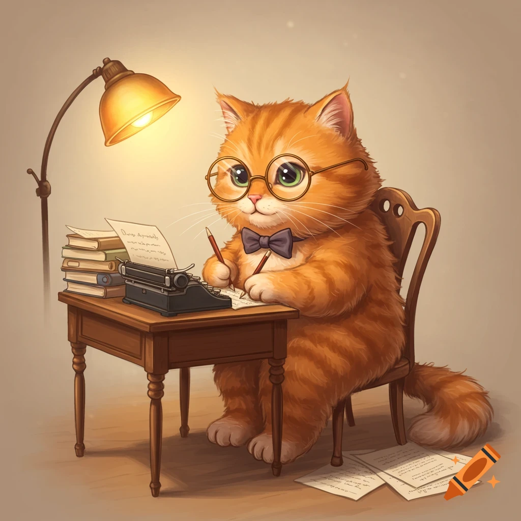 Cute cartoon orange cat with glasses and bowtie writing at a desk with ...