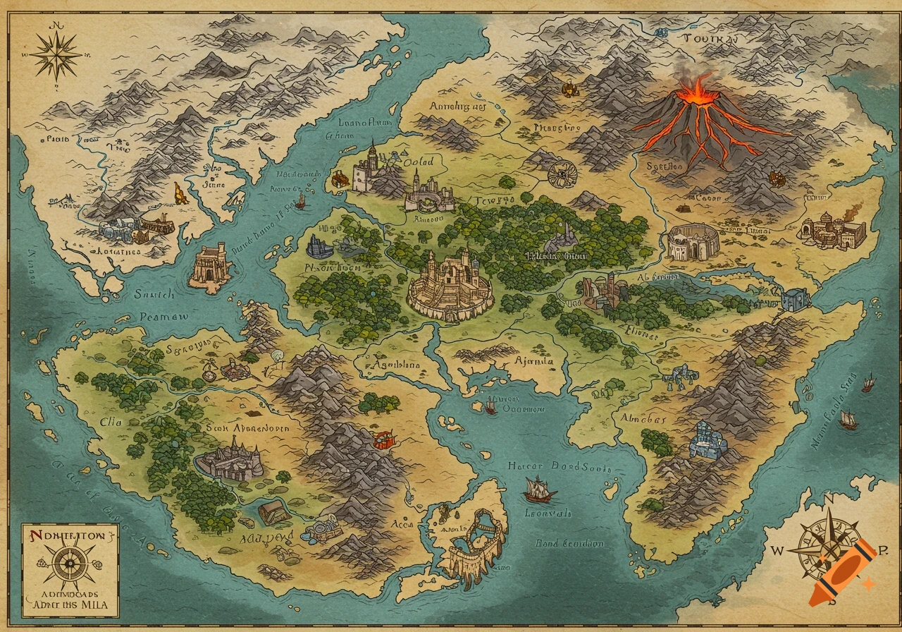 A detailed fantasy world map with continents, mountains, forests ...
