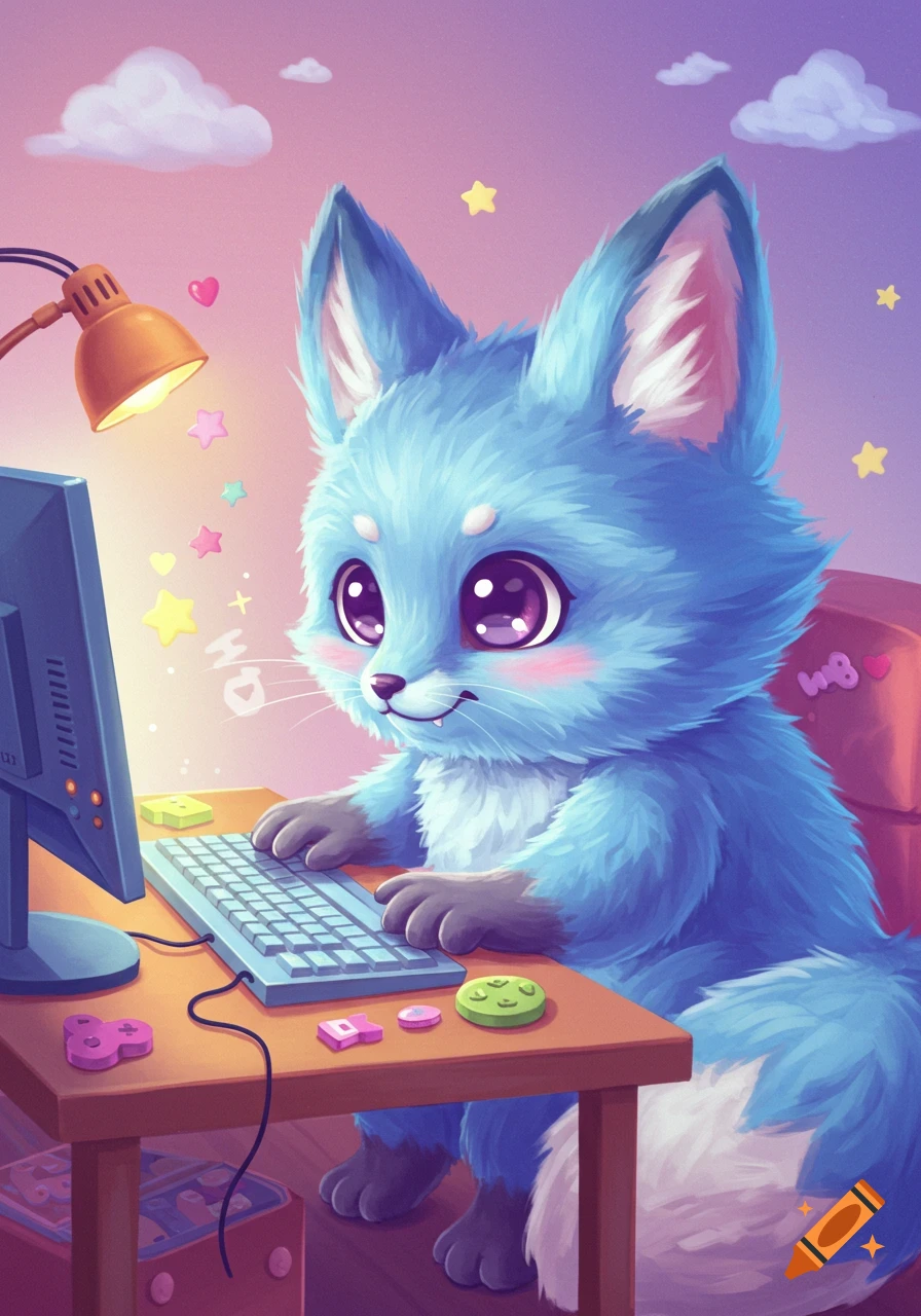 Cute blue fox playing computer games in anime style on Craiyon