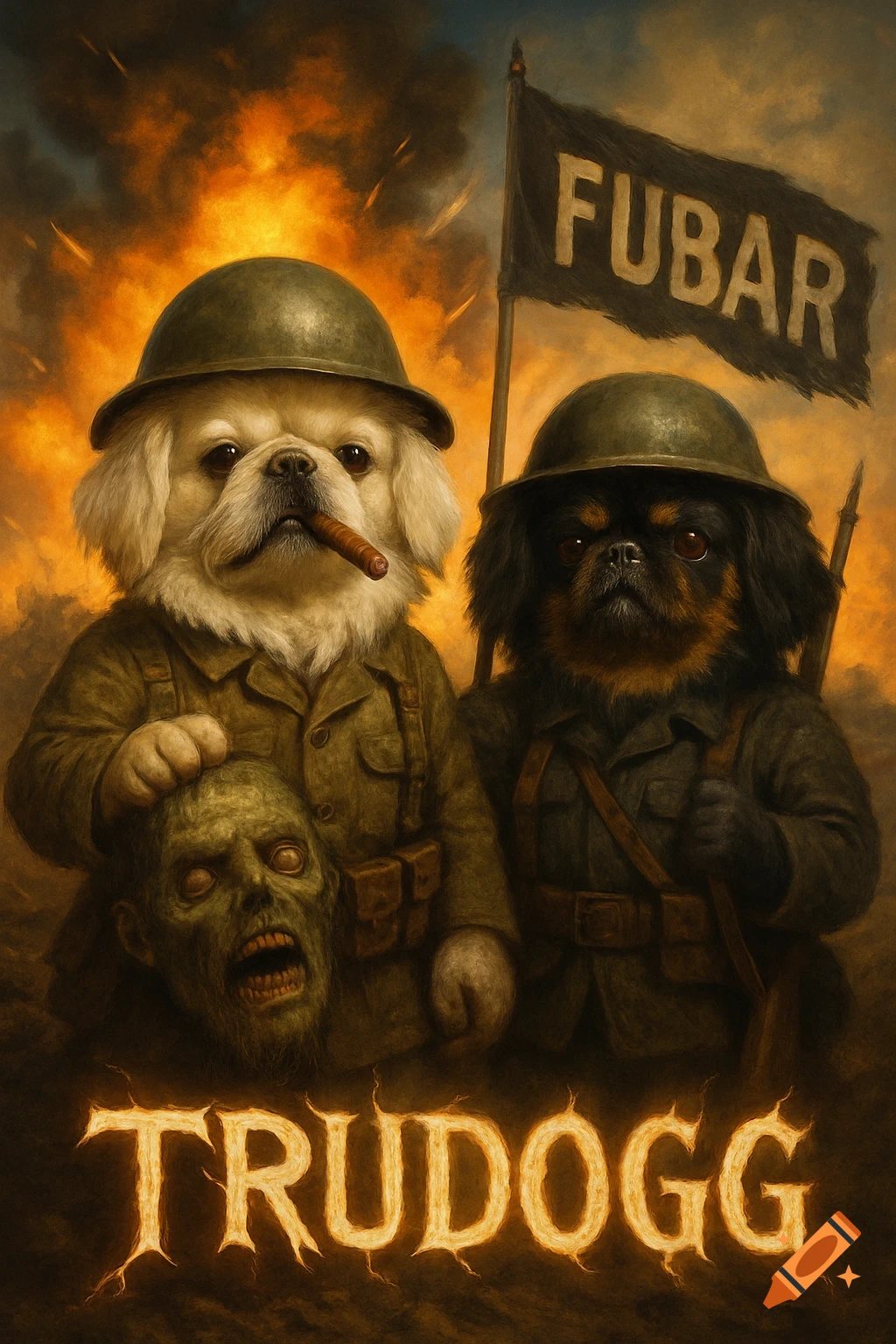 Illustration of two Pekingese dogs in military uniforms on a ...