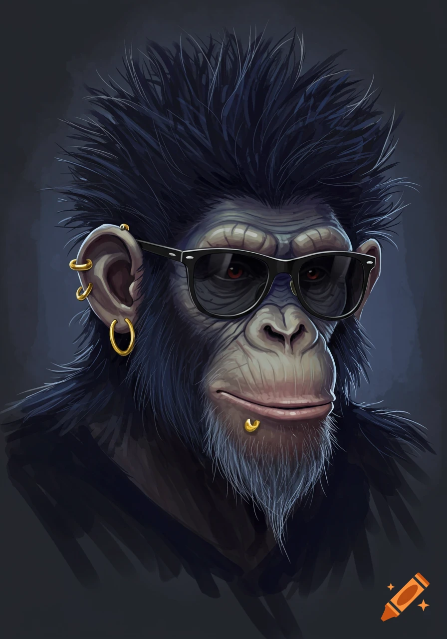 An illustration of a chimpanzee with spiky dark hair, sunglasses ...