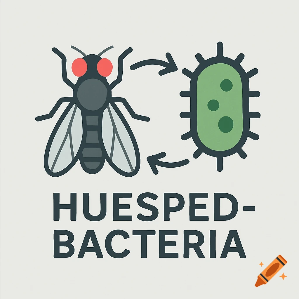Illustration of a fly, a bacterium, and arrows with 'HUESPED- BACTERIA ...