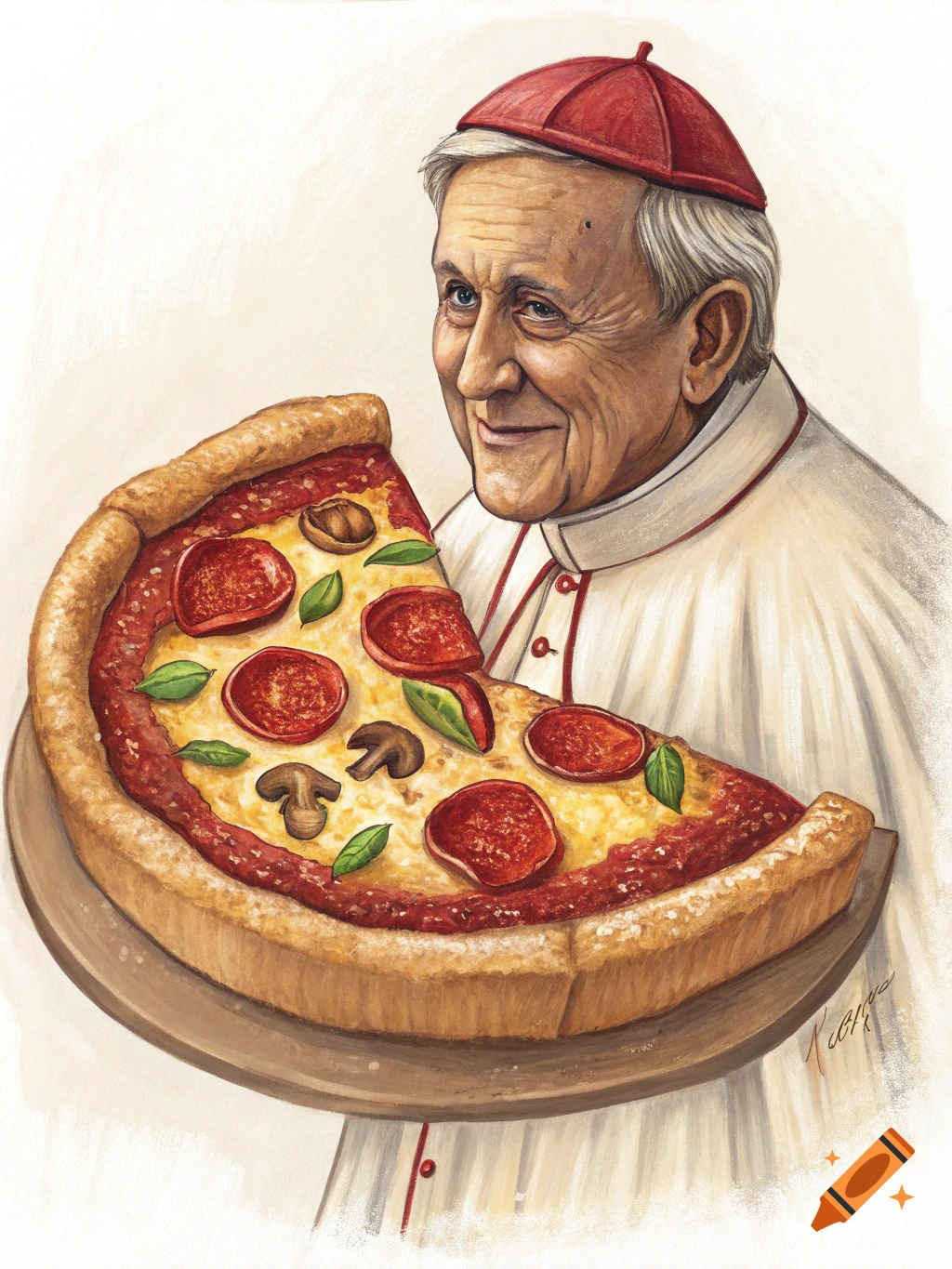 Illustration of a man resembling the Pope holding a large slice of deep ...