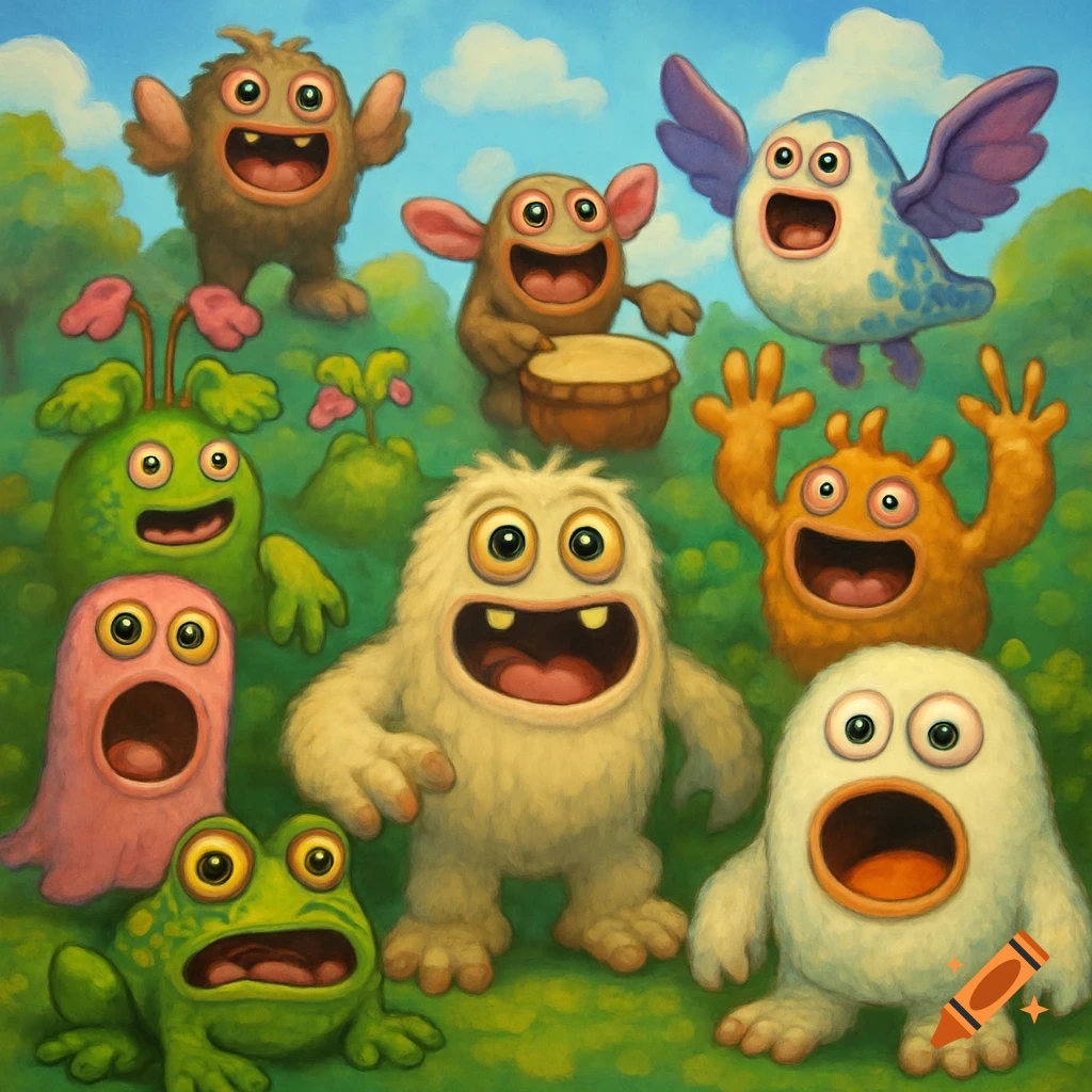 Multiple colorful cartoon monsters with big eyes and mouths, standing in a green grassy ...