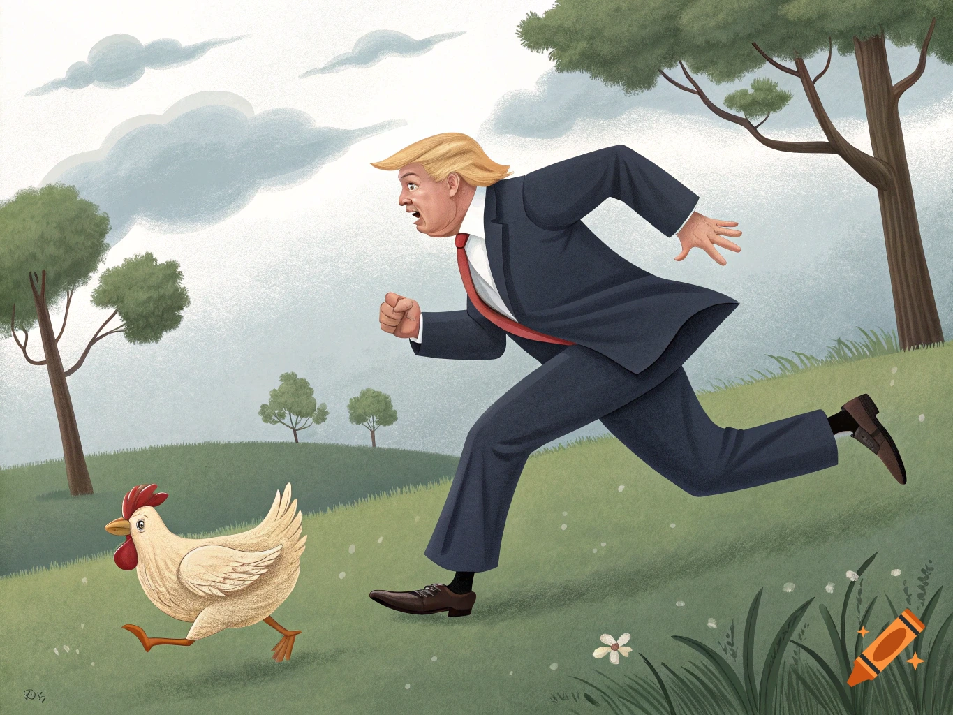 Illustration of Donald Trump running downhill from a chicken. on Craiyon