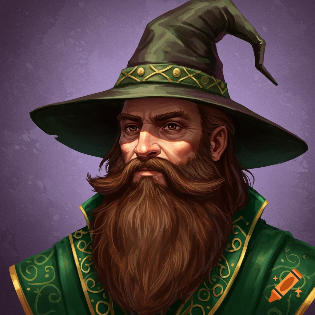 Portrait of a wizard in a green hat and robe with a large beard. on Craiyon