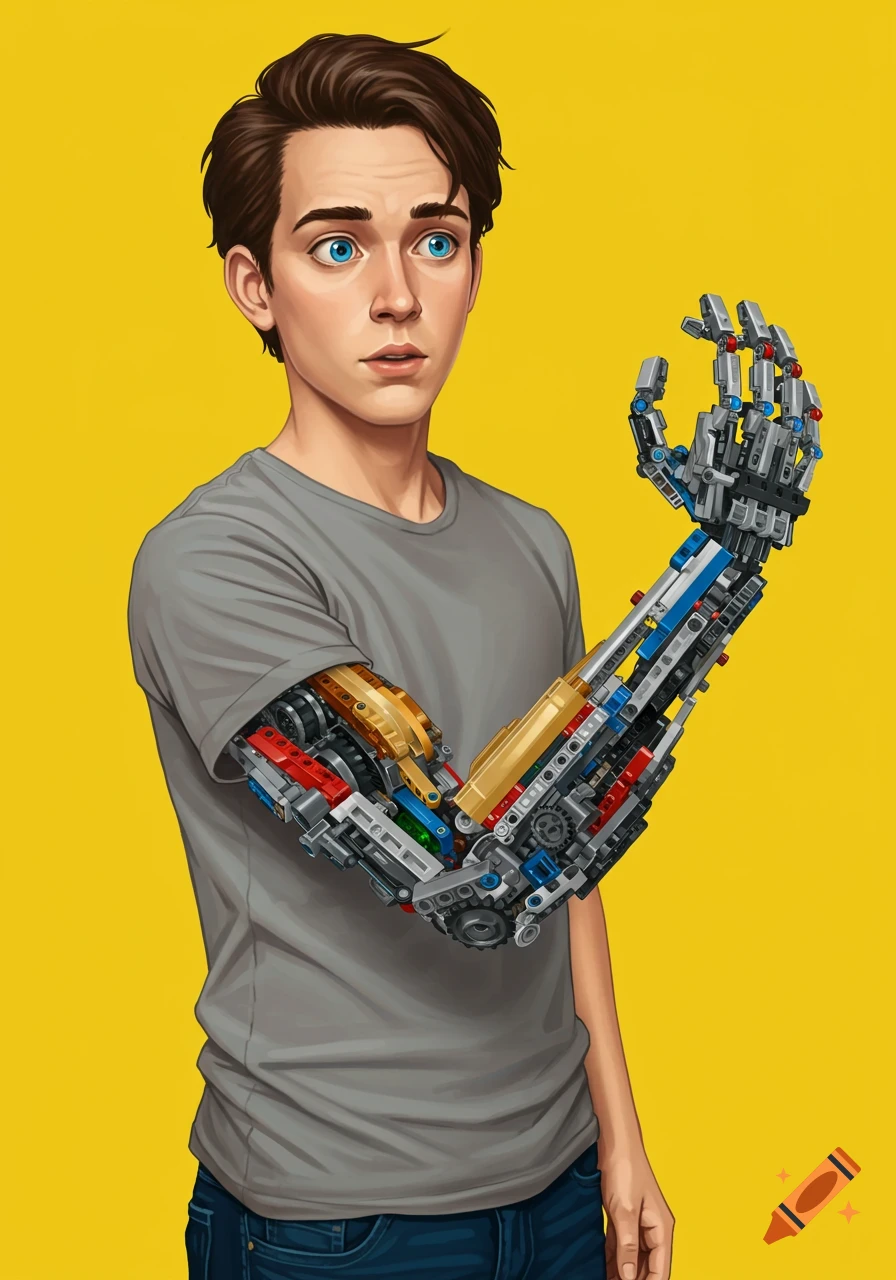 Young person with a robotic arm made of colorful Lego Technic pieces ...