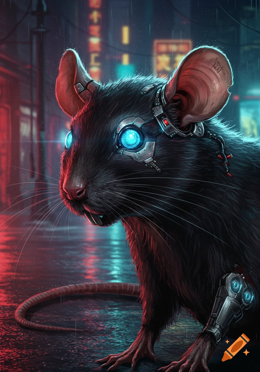 A close-up digital painting of a cyborg rat in a rainy, neon-lit ...