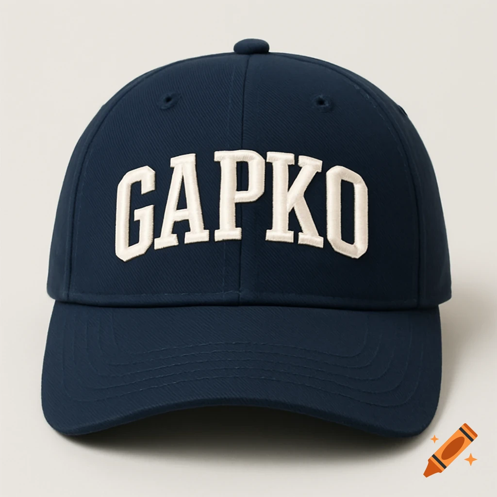 A dark blue baseball cap with GAPKO written on the front. on Craiyon