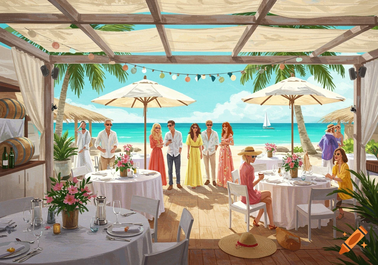 Illustration of people dining and standing outside a fancy beach ...