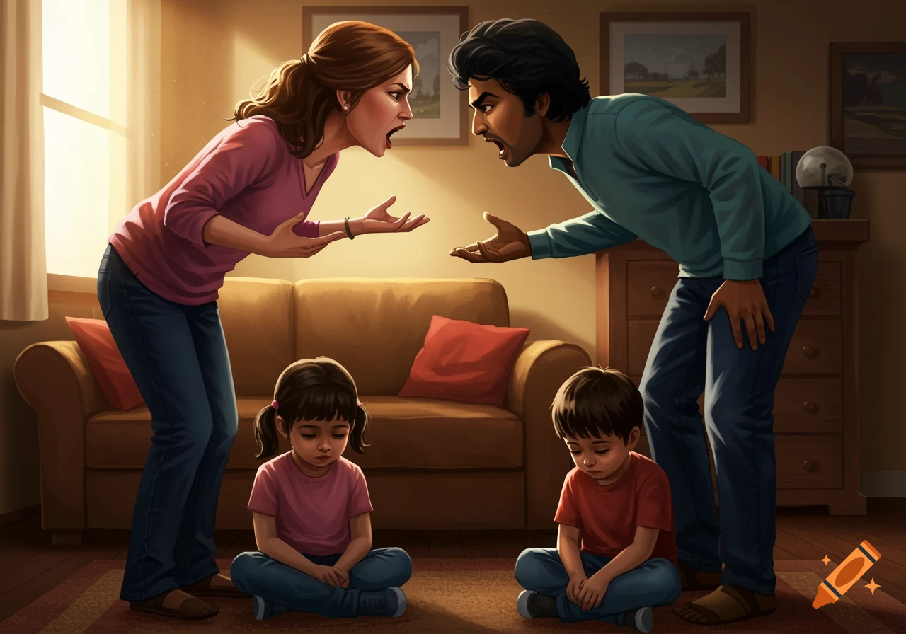 Digital illustration of two parents arguing over their two sad children ...