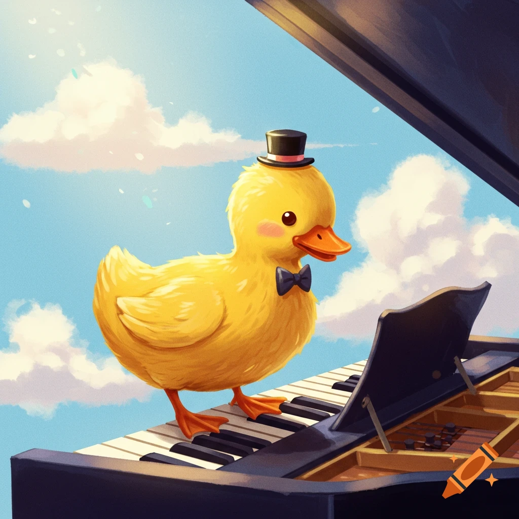 Cartoon duck in a top hat and bowtie standing on a piano keyboard under ...