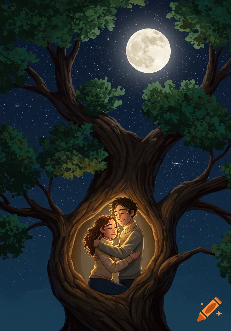 Illustrated couple hugging inside a tree trunk under a starry night sky ...
