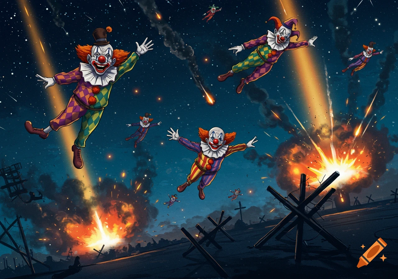 Clowns flying over a battlefield at night with explosions and ...