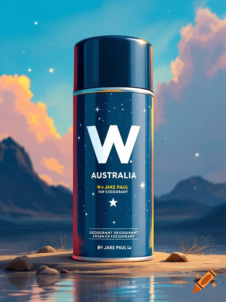 A deodorant can with a large 'W AUSTRALIA' label in a starry landscape ...