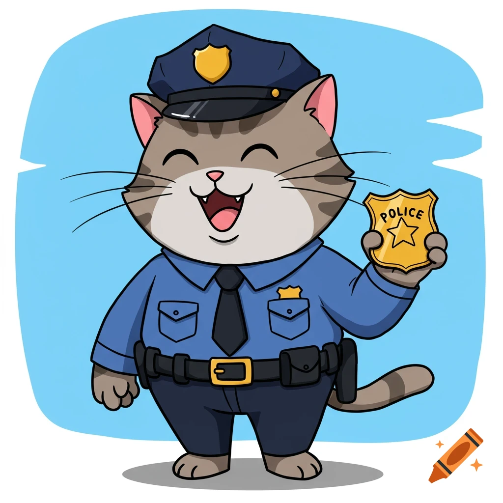 A cartoon cat dressed as a police officer holding a badge. on Craiyon