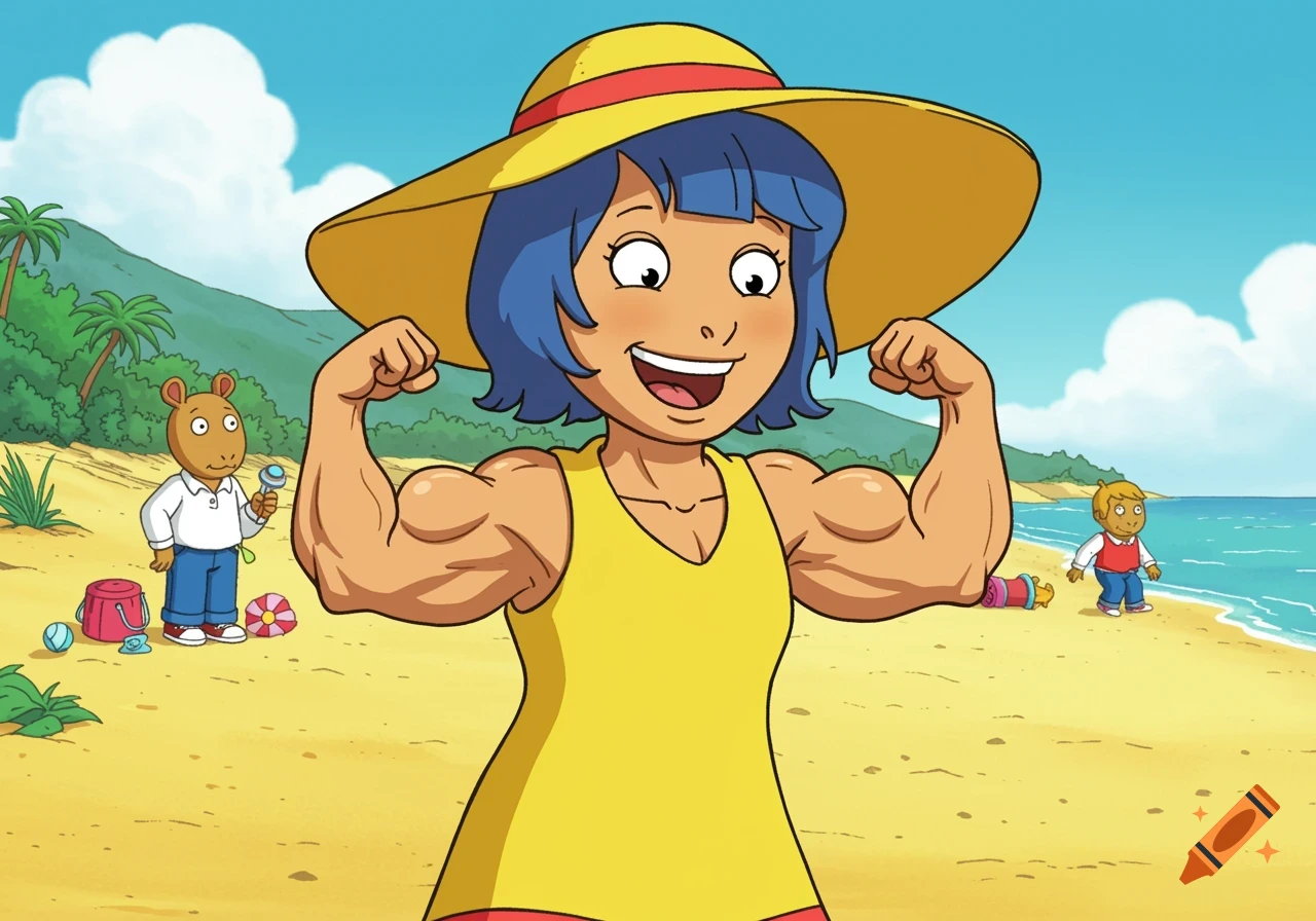 Jane Read from Arthur flexing her biceps on a beach in cartoon style ...