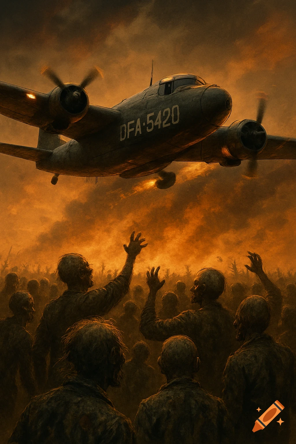 A stylized painting of a plane flying over zombies under a dramatic ...
