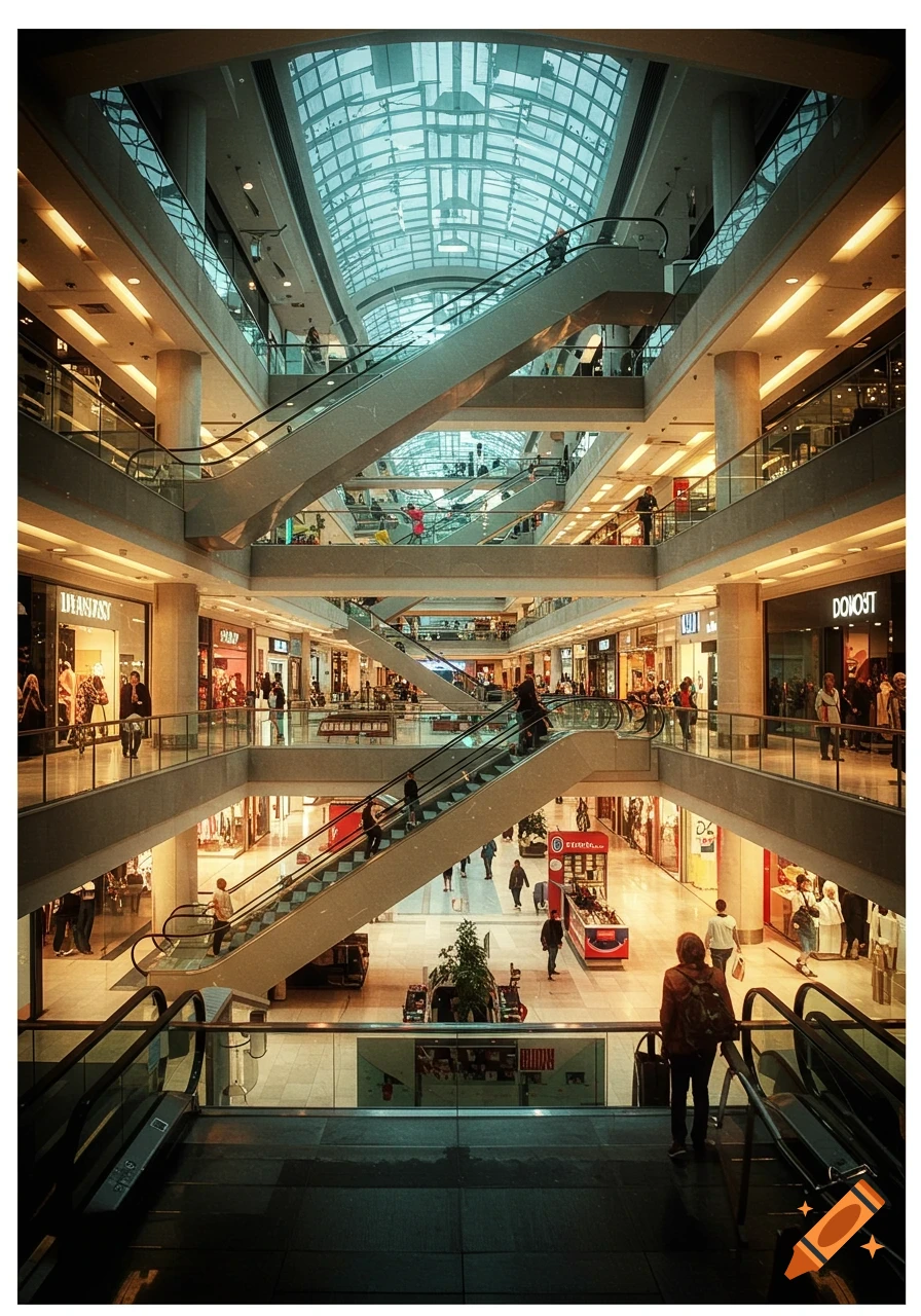 Interior view of a large, multi-level shopping mall with escalators ...