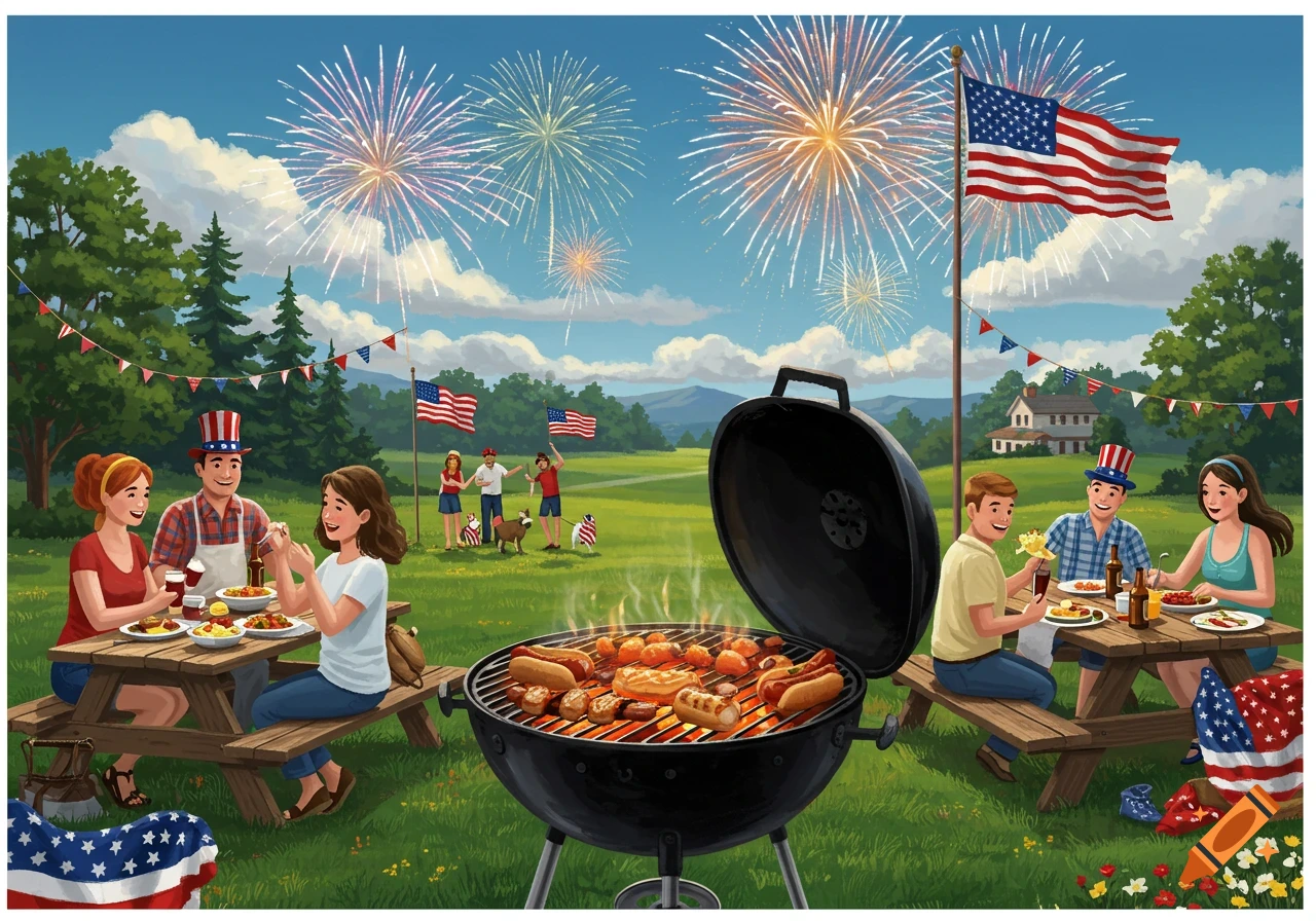 An illustration of a 4th of July BBQ celebration with people, food ...