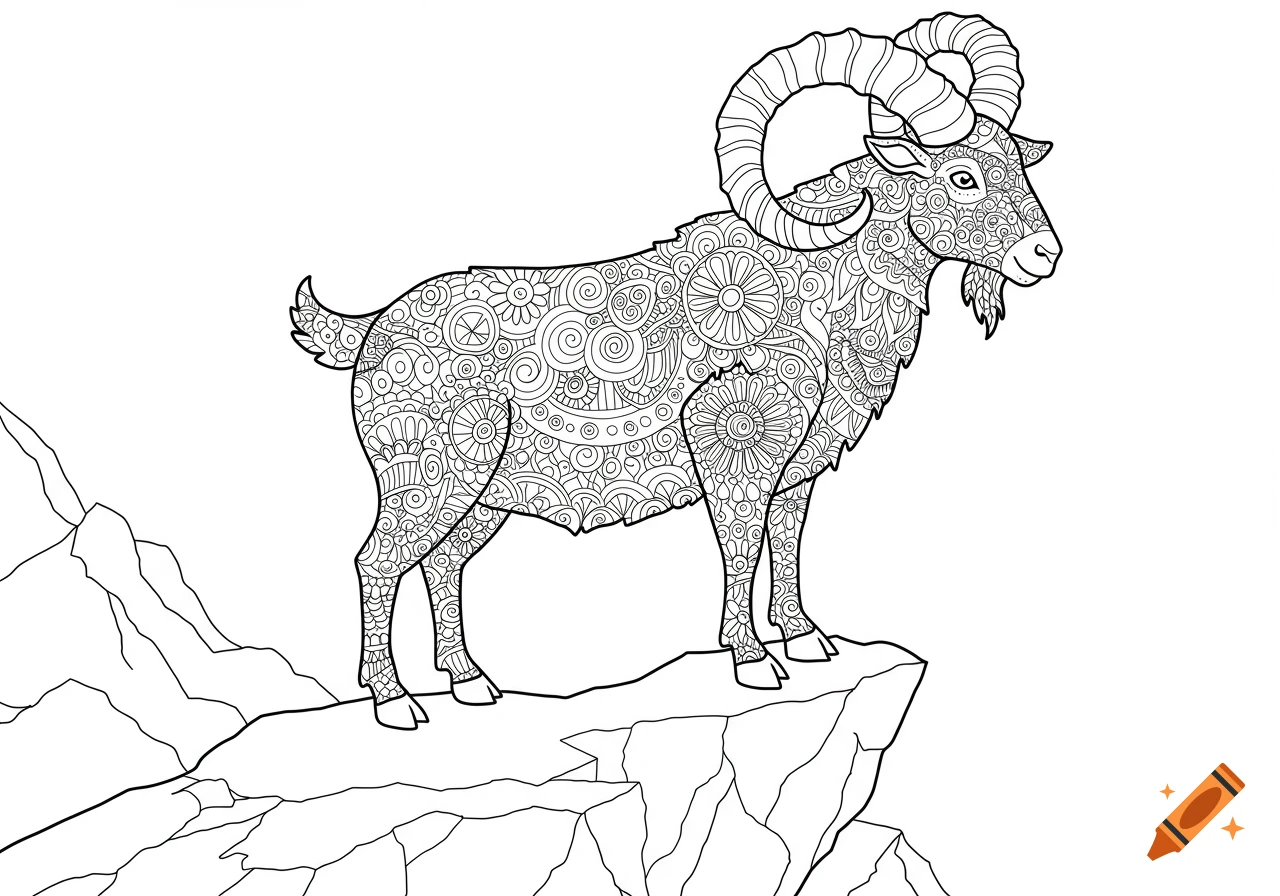 Zentangle style line art of a goat standing on a mountain ledge. on Craiyon