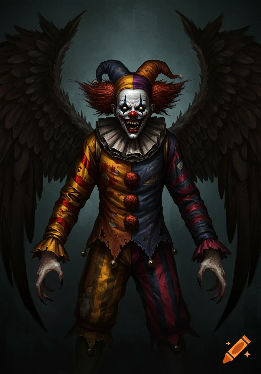 A terrifying clown jester with sharp teeth and claws wears a ripped ...