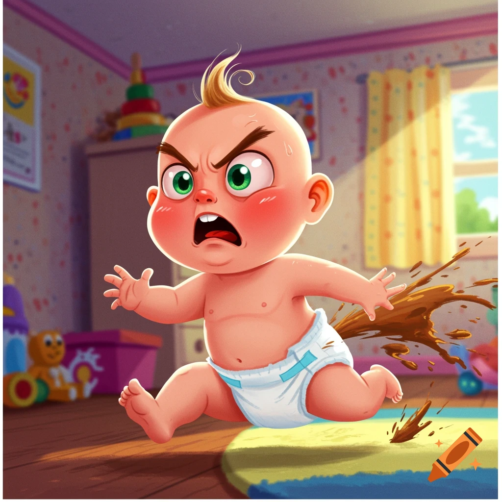 Cartoon illustration of an angry baby running and pooping. on Craiyon